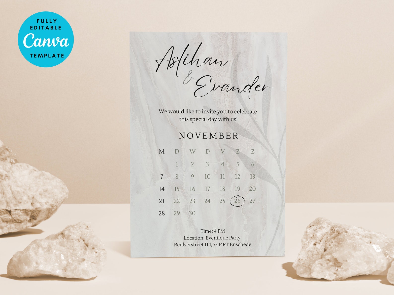 Marble Calendar Wedding Invitation Template, Minimalist Simple 5x7 One ...