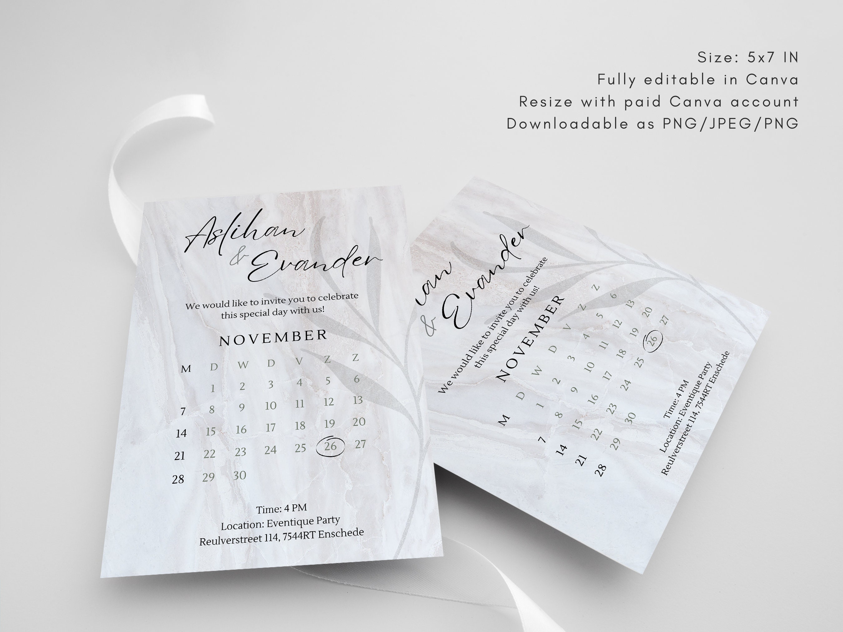 Marble Calendar Wedding Invitation Template, Minimalist Simple 5x7 One ...