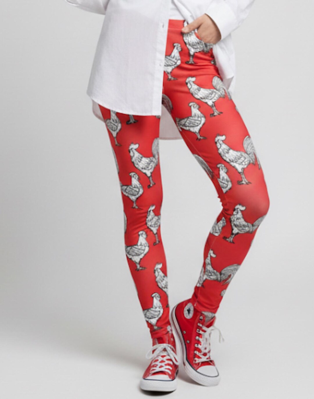 Ruby Rooster Leggings ~ Women's Red White Black Feathered Farm Animal ...