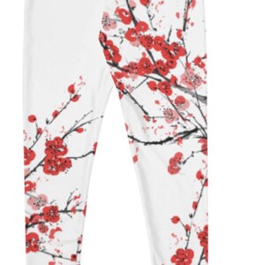 Sakura Red Japanese Blossom Printed Tree Leggings, Red Black Women's ...