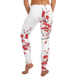 Sakura Red Japanese Blossom Printed Tree Leggings, Red Black ~ Women's ...