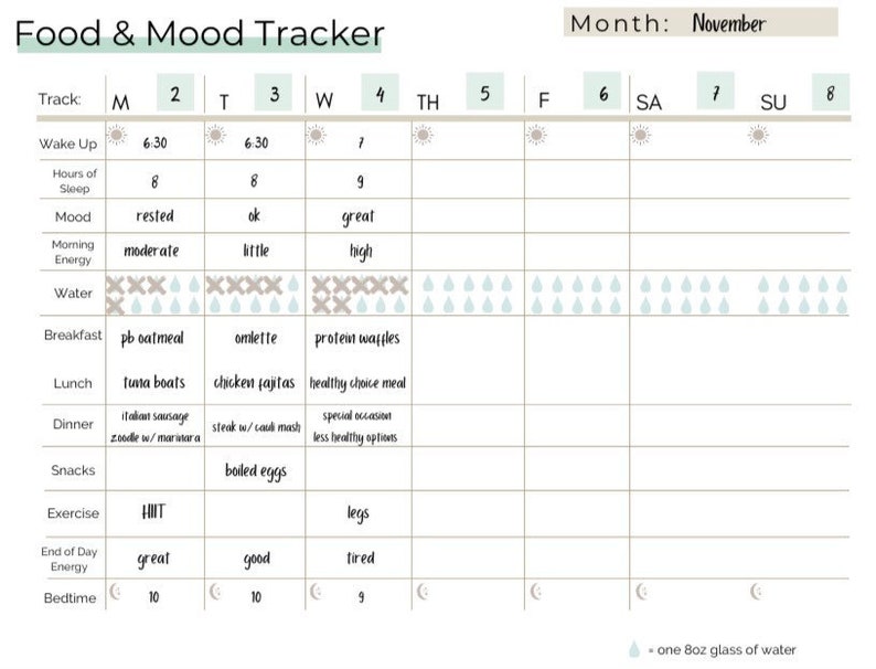 Printable Food and Mood Tracker - Nutrition Journal, Emotional Wellness ...