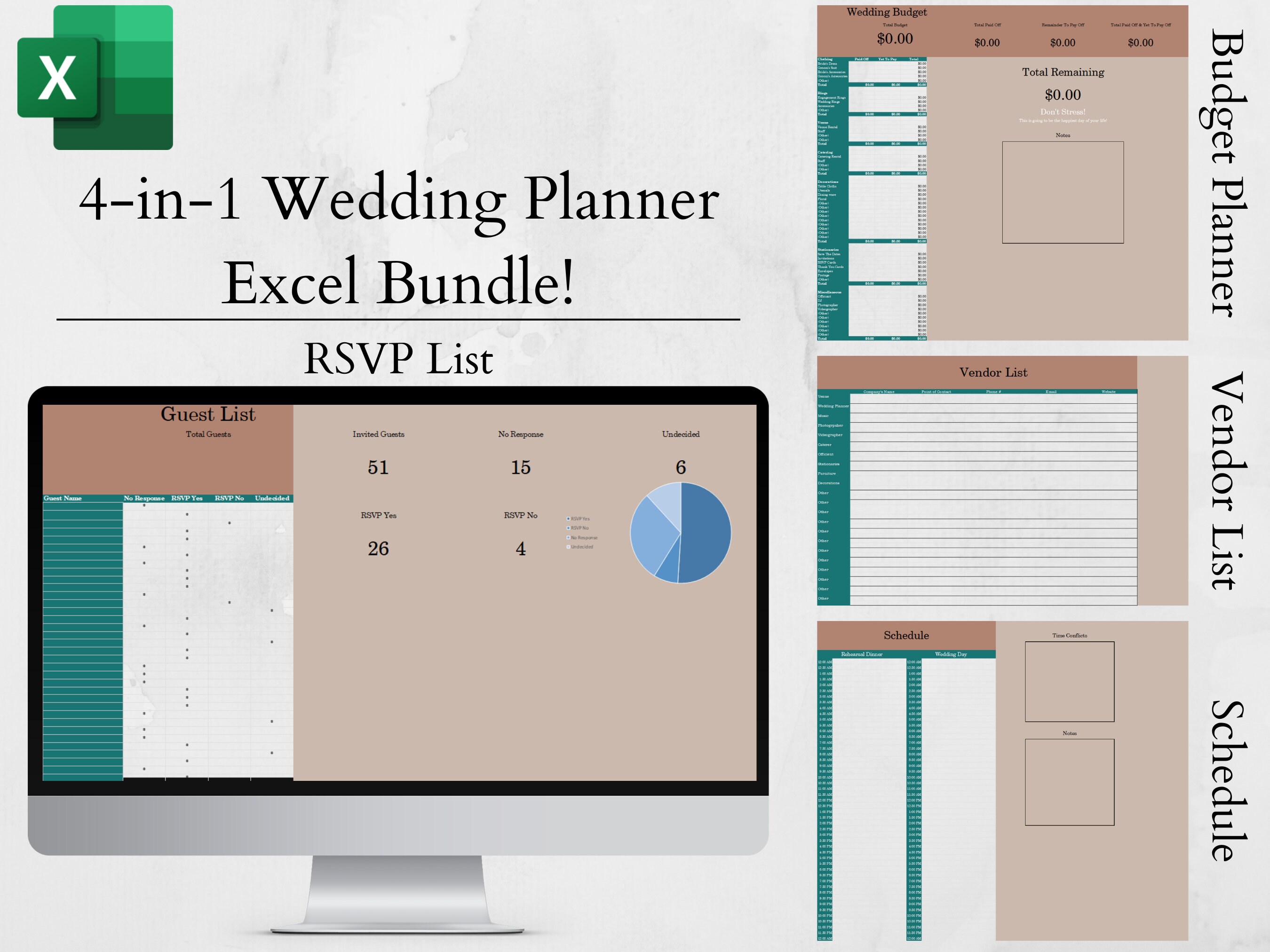 4-in-1 Simple Wedding Planner Excel Template Bundle Everything You Need ...