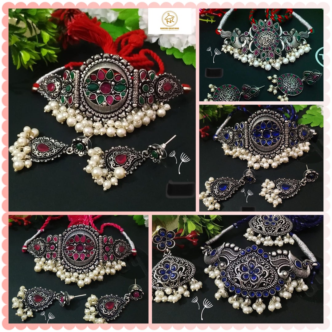 German Silver Sets/black Thread Stone Silver Set/ Short Necklace ...