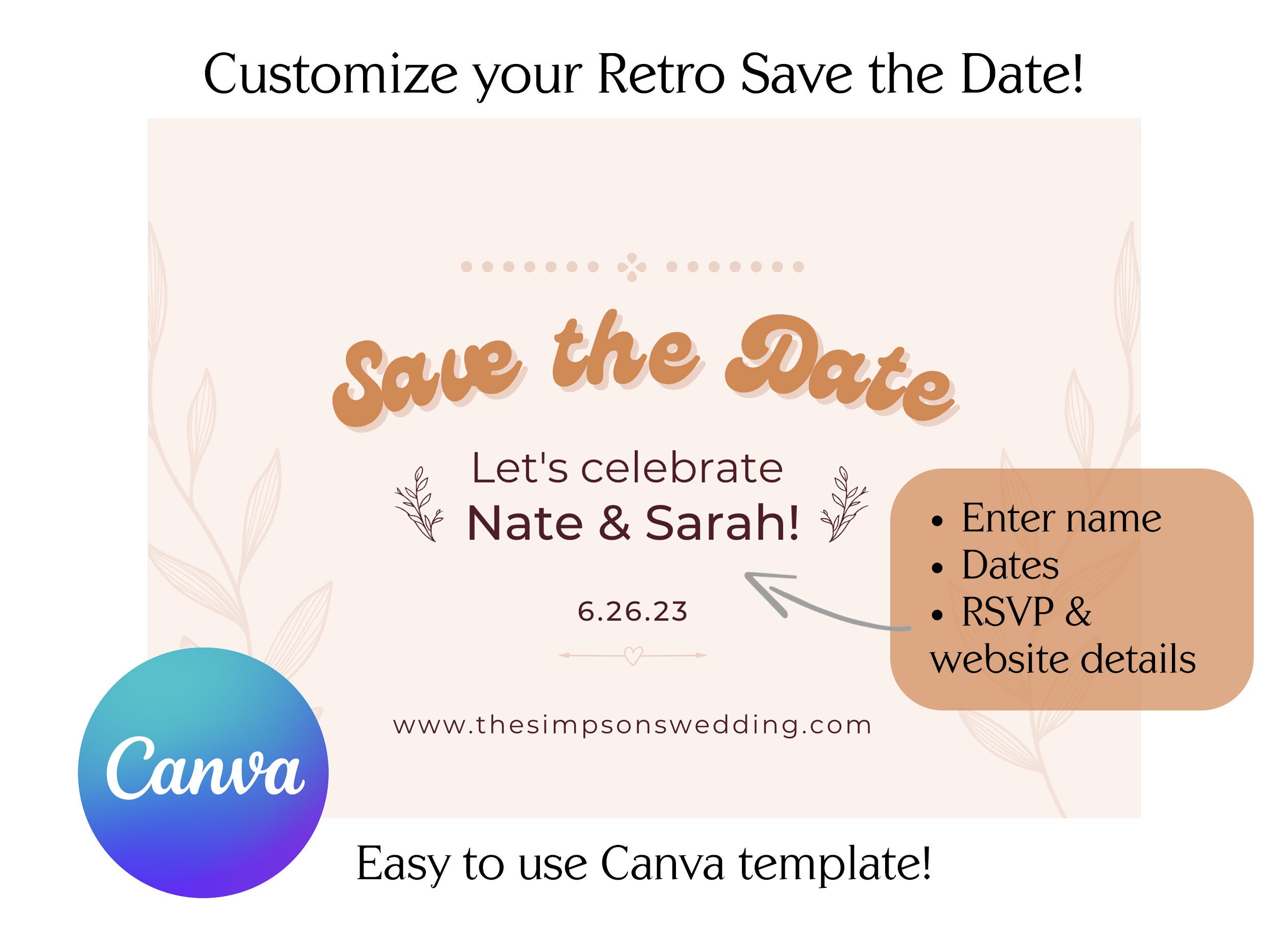 Retro Save the Date, Canva Template for Boho Invite, Retro Wedding ...