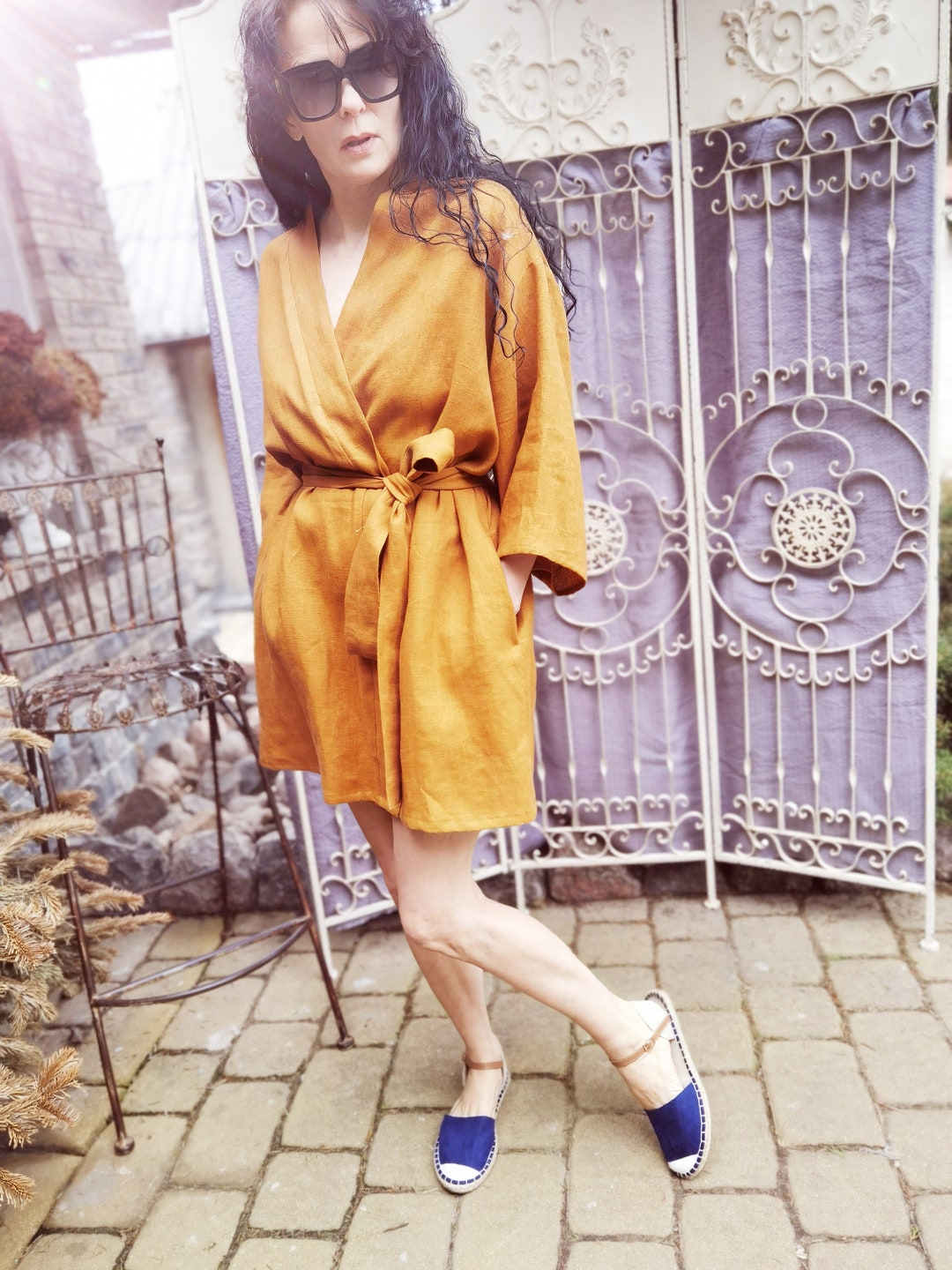 Linen Kimono Kimono Dress Mustard Dress Linen Kimono Jacket Linen Wrap ...