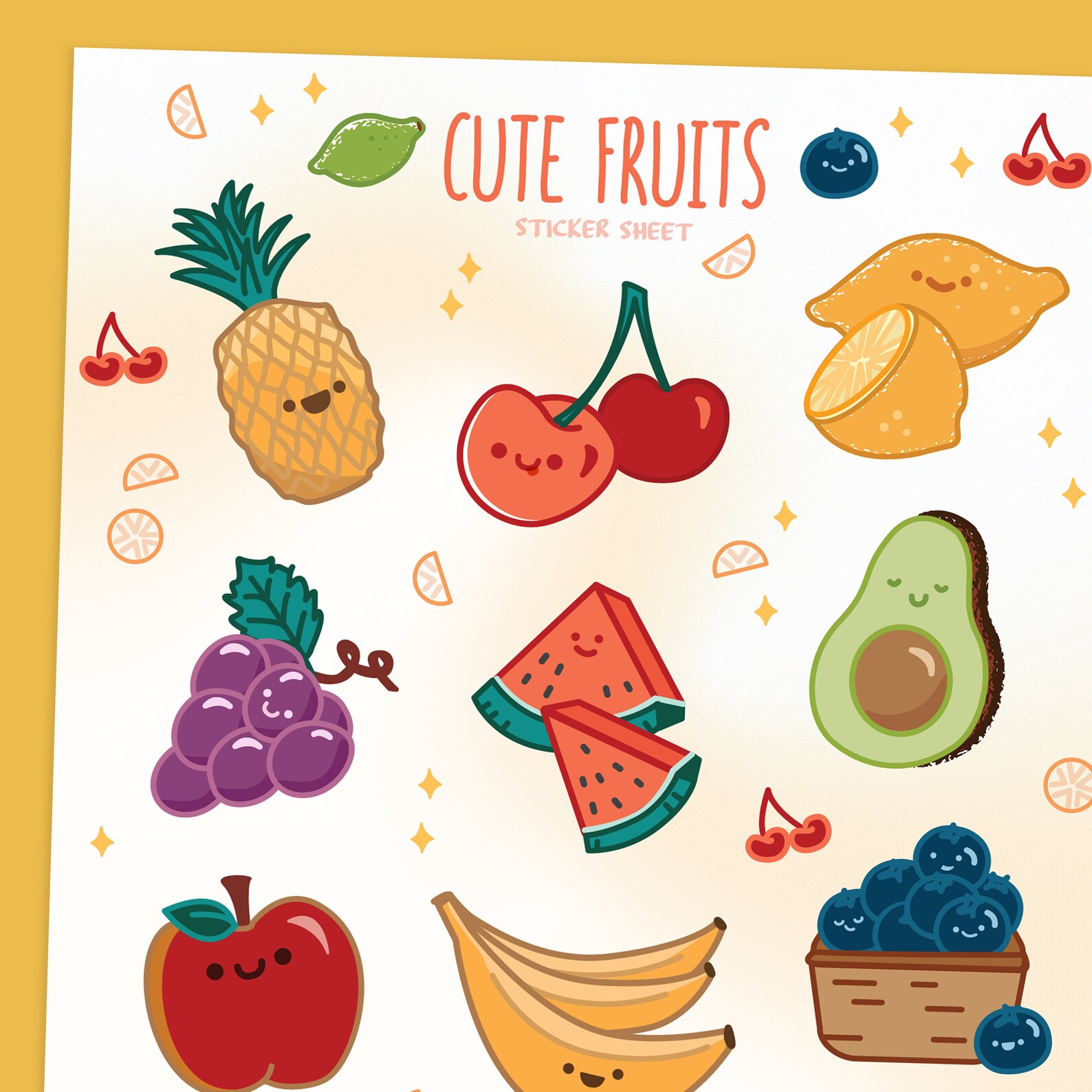 Cute Fruits Sticker Sheet Bright Happy Adorable Fruit - Etsy.de