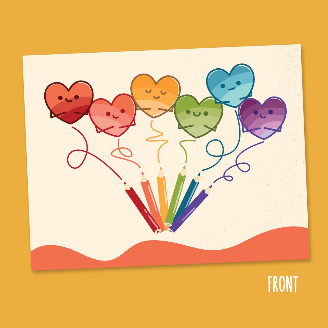Rainbow Hearts Postcard | Colored Pencil Note Card - Etsy