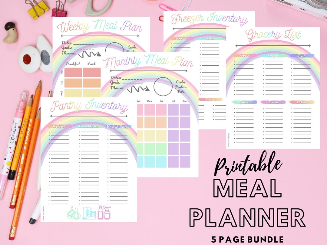 Pastel Printable Meal Planner Bundle, Weekly Meal Planner, Monthly Meal ...
