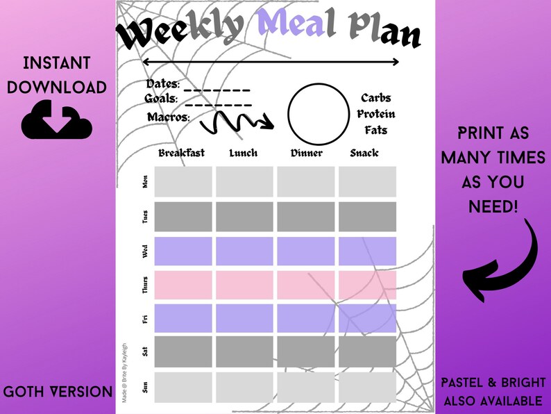 Goth Printable Weekly Meal Planner, Meal Planner, Digital Download PDF ...