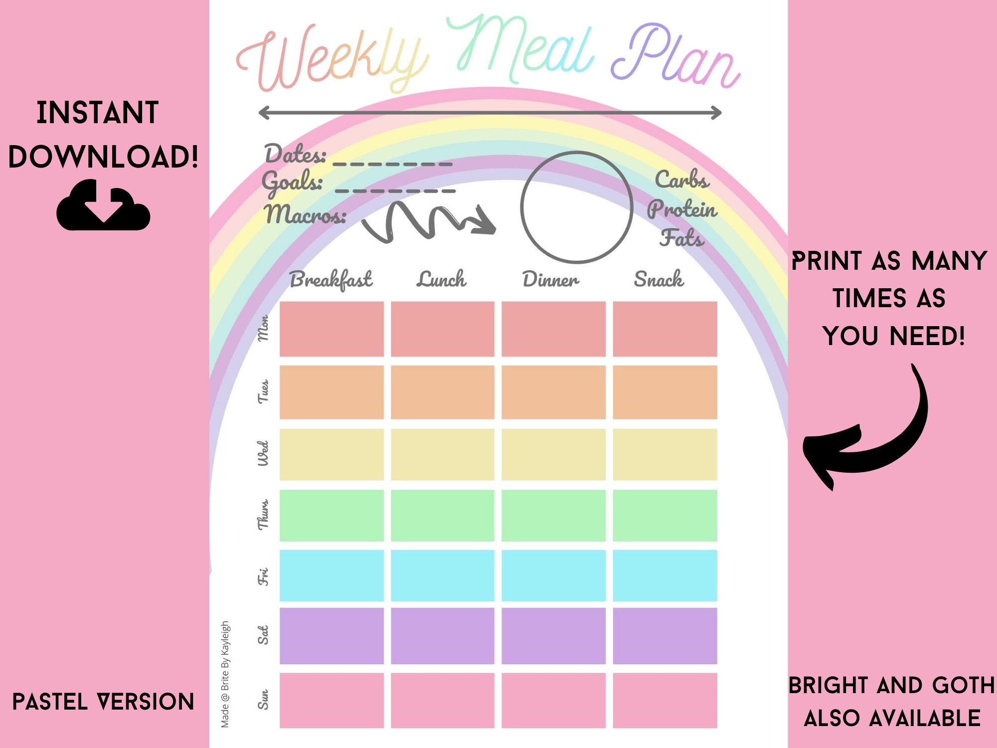 Pastel Printable Weekly Meal Planner, Meal Planner, Instant Digital ...