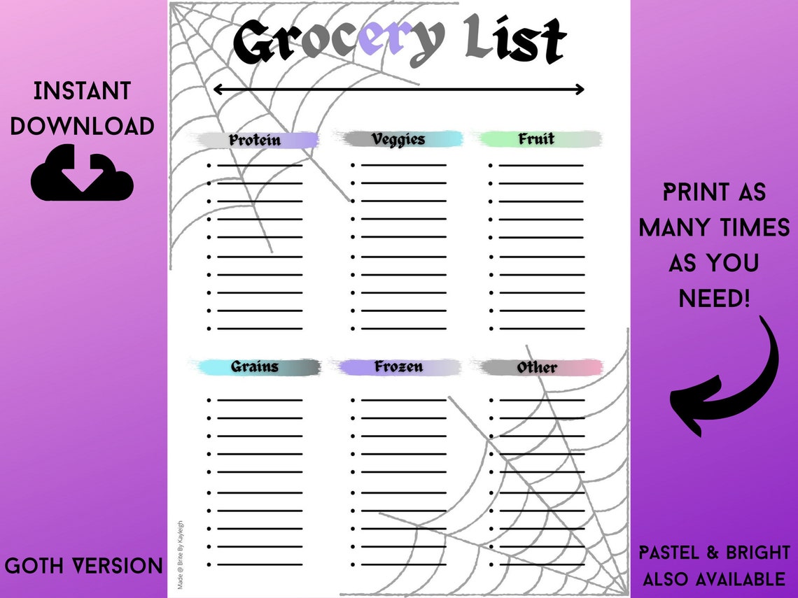 Goth Printable Grocery List, Meal Planner, Instant Digital Download PDF ...