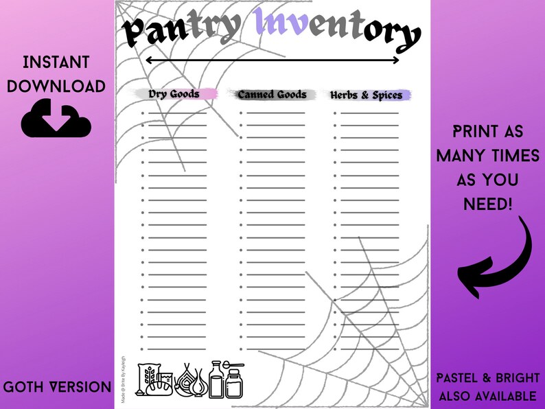 Goth Printable Pantry Inventory, Meal Planner, Instant Digital Download ...