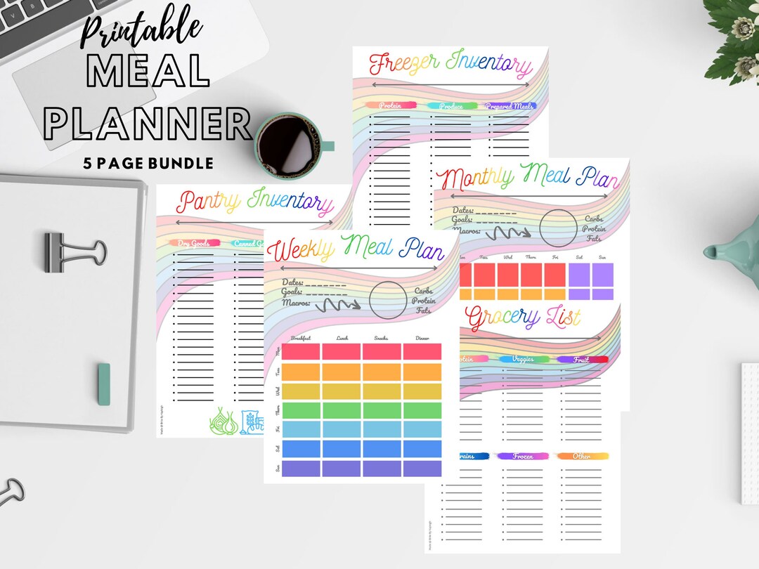 Bright Printable Meal Planner Bundle, Weekly Meal Planner, Monthly Meal ...