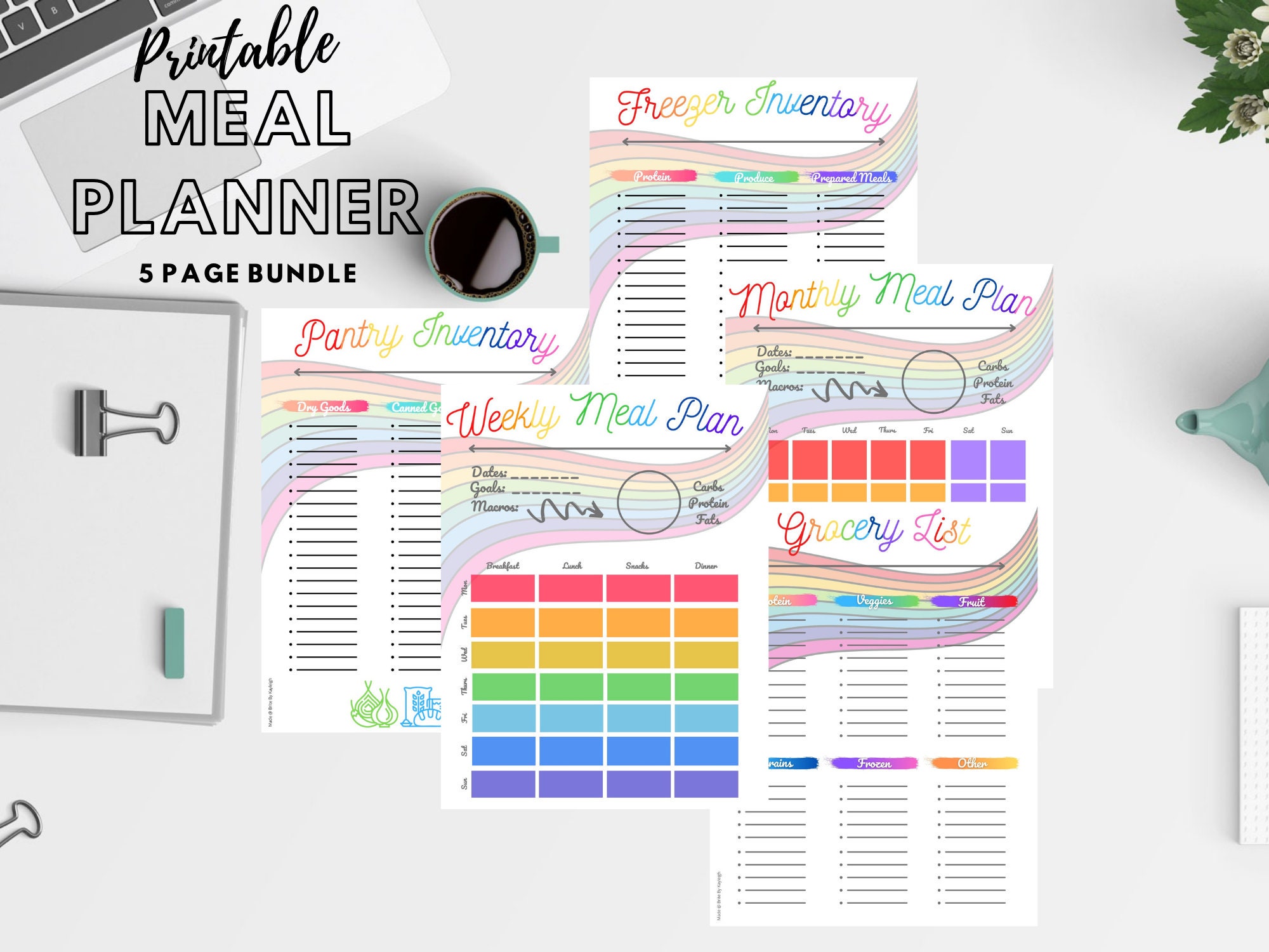 Bright Printable Meal Planner Bundle, Weekly Meal Planner, Monthly Meal ...