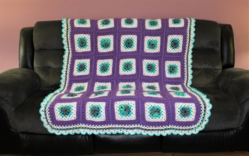 Hand-crocheted Heirloom Quality Purple and Turquoise Floral Squares ...