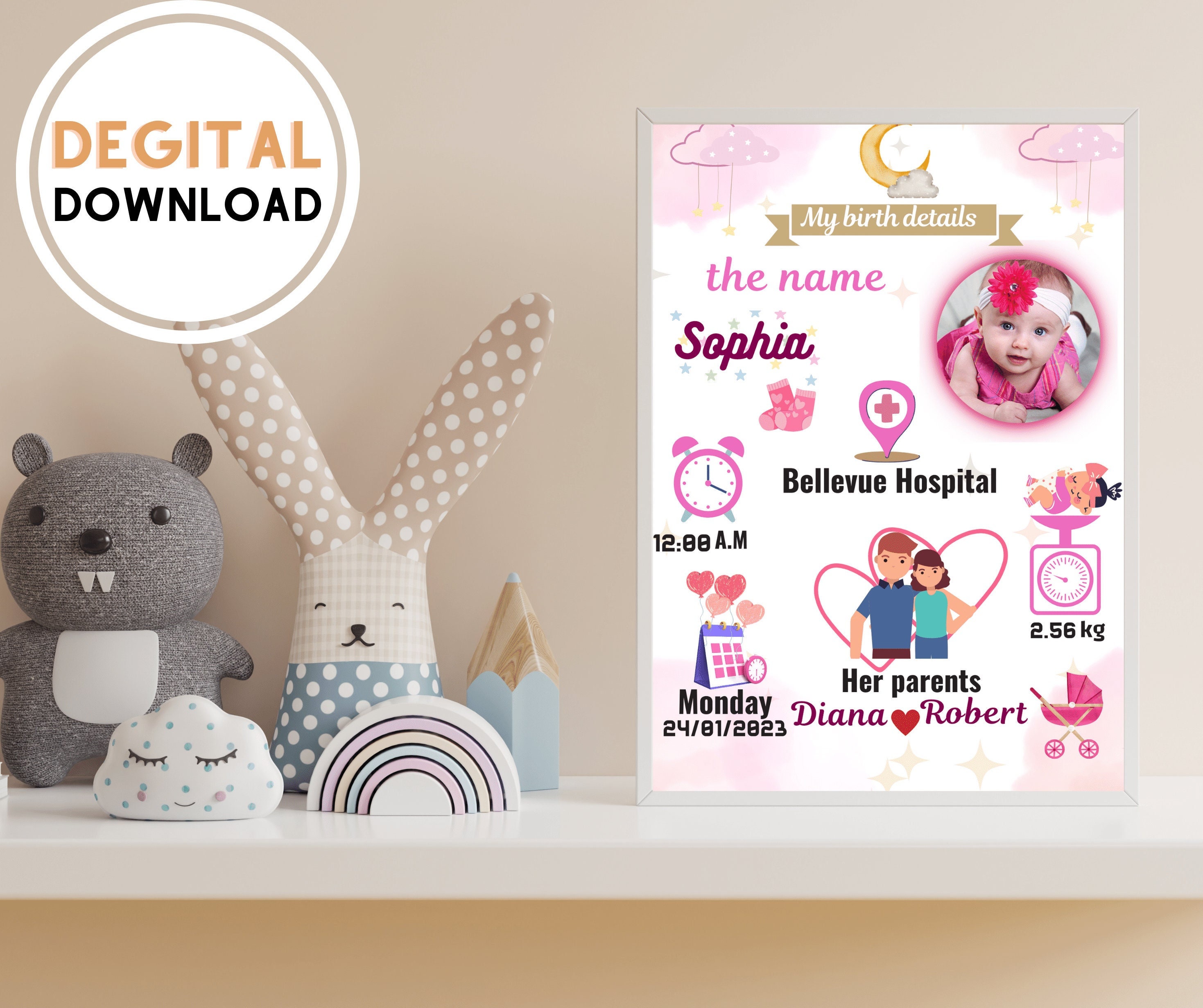 Baby Birth Details, New Baby Gift, Personalized Baby Birth Prints, New ...