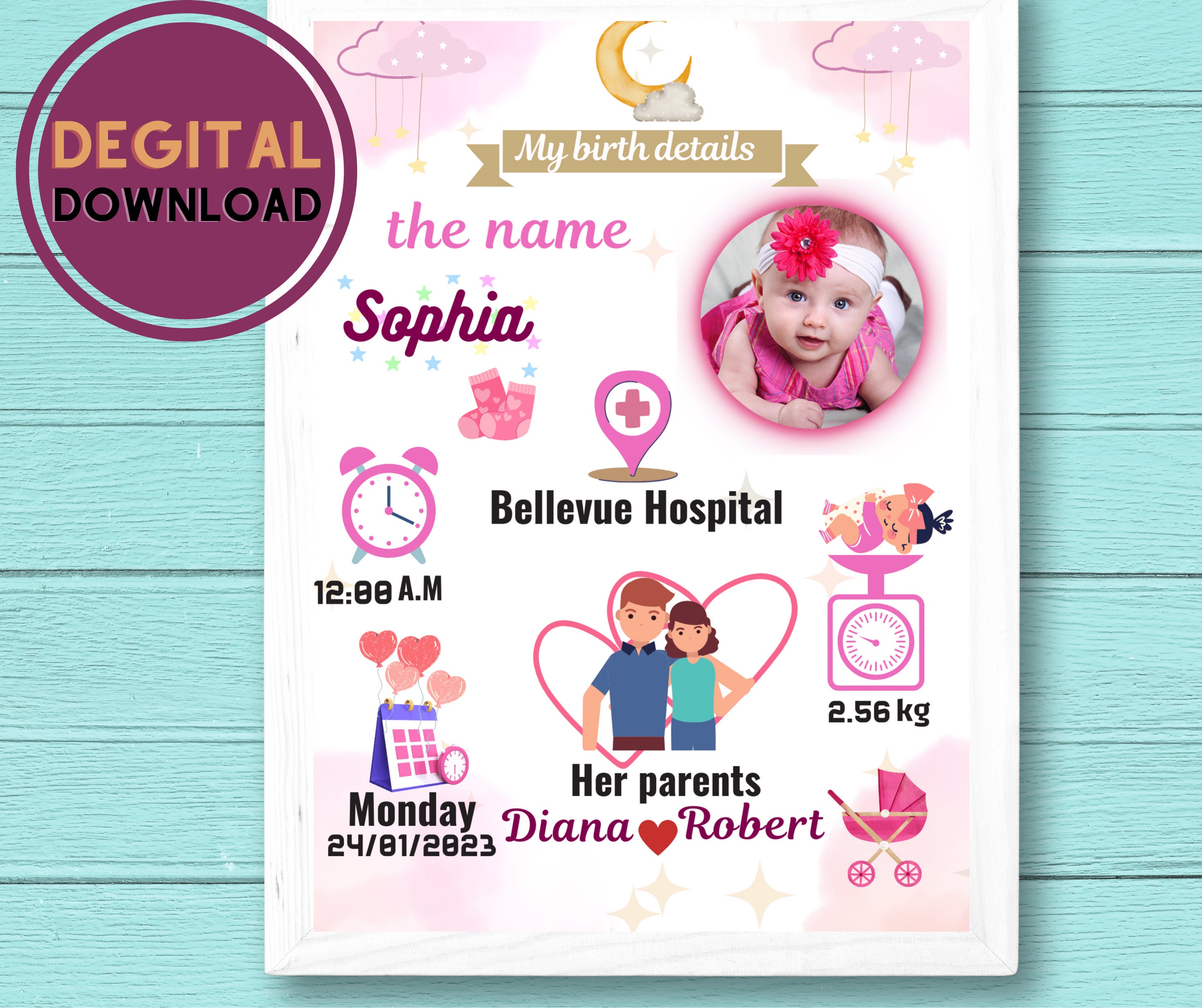 Baby Birth Details, New Baby Gift, Personalized Baby Birth Prints, New ...