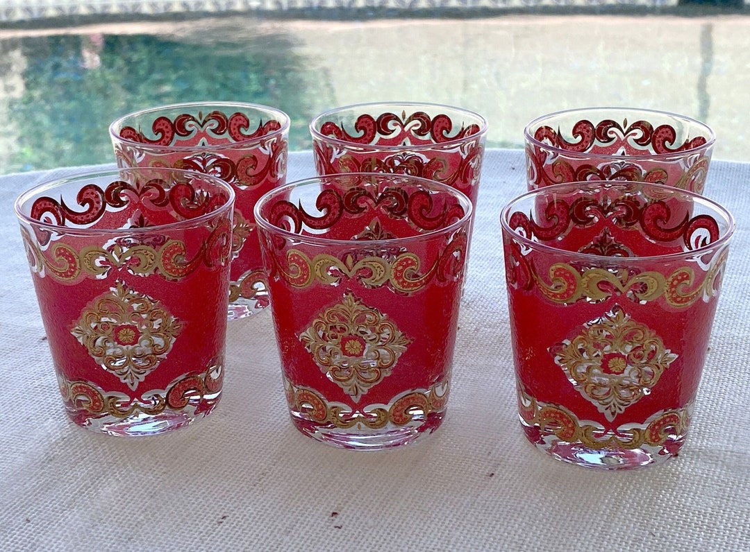 Vintage MCM Gold Red Cocktail Glasses Set of 6 Starlyte Rocks 8oz ...
