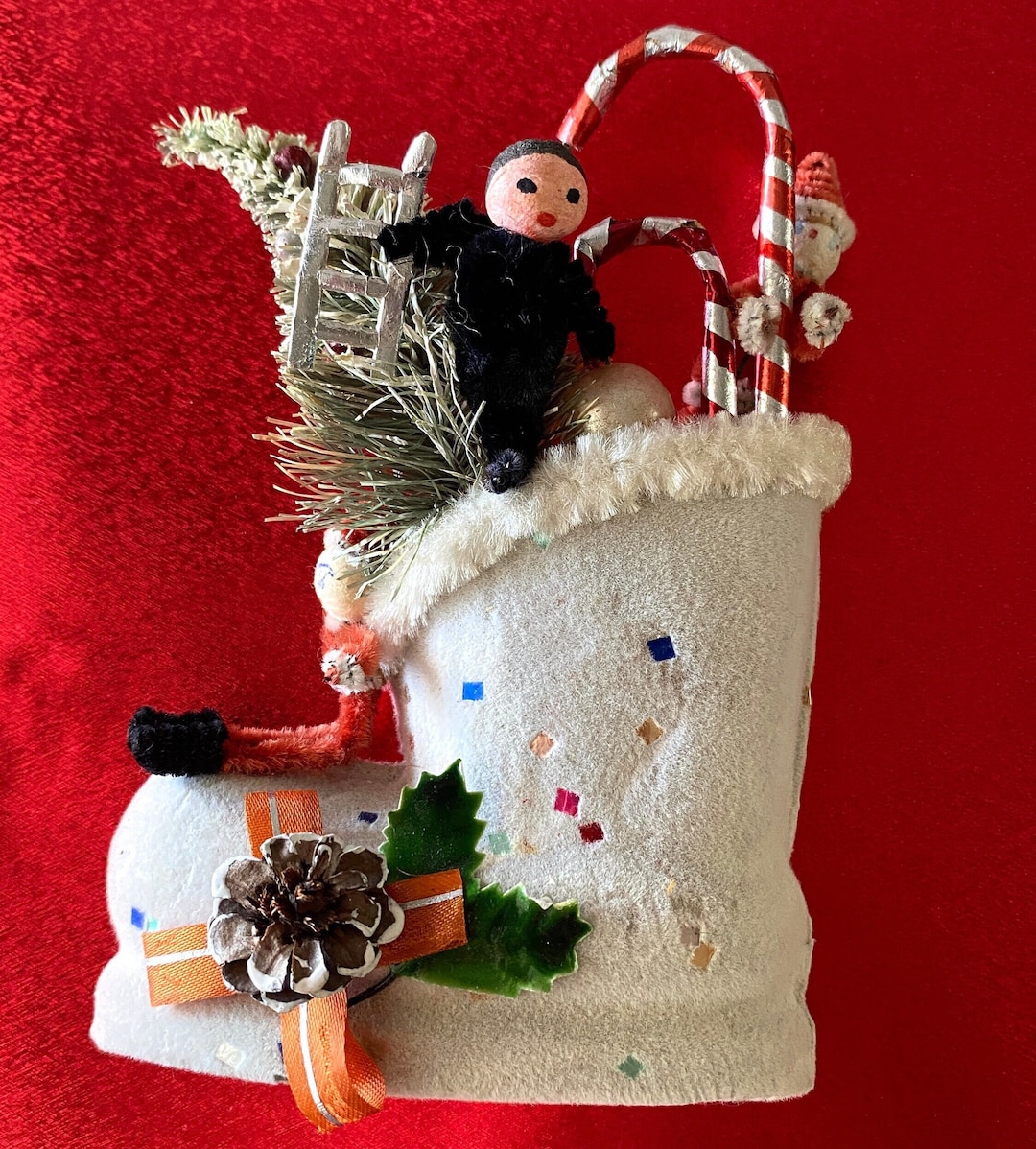 Christmas Pipe Cleaner Santa Vintage Boot Ornament Candy Canes Glitter ...