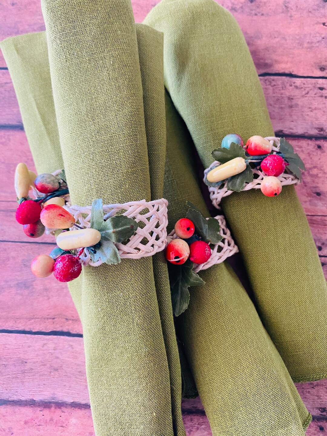 6 Pc Woven Lattice Vintage Napkin Rings Italy Fruits 1960's Paper Mache ...