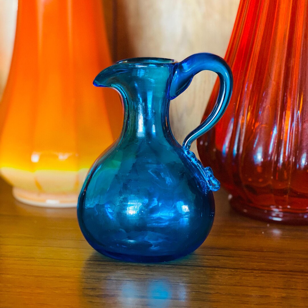Vintage Aqua Blue Mini 5.5 Glass Syrup Pitcher Rainbow Glass Mid ...