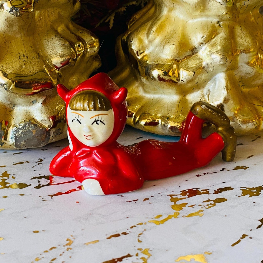 Devil Pixie Elf Fairy Child Red Suit Reclining Vintage 1950's Miniature ...