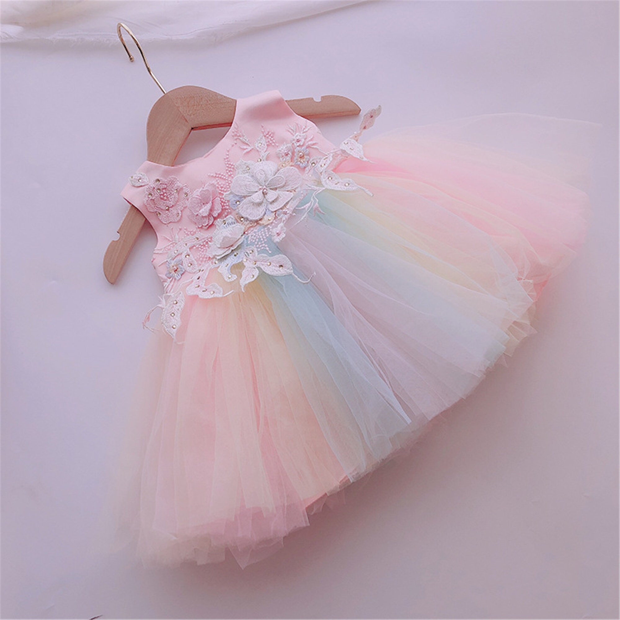 Rainbow Flower Girl Dress Pink Girl Dress 3d Flower Tutu Dress Etsy