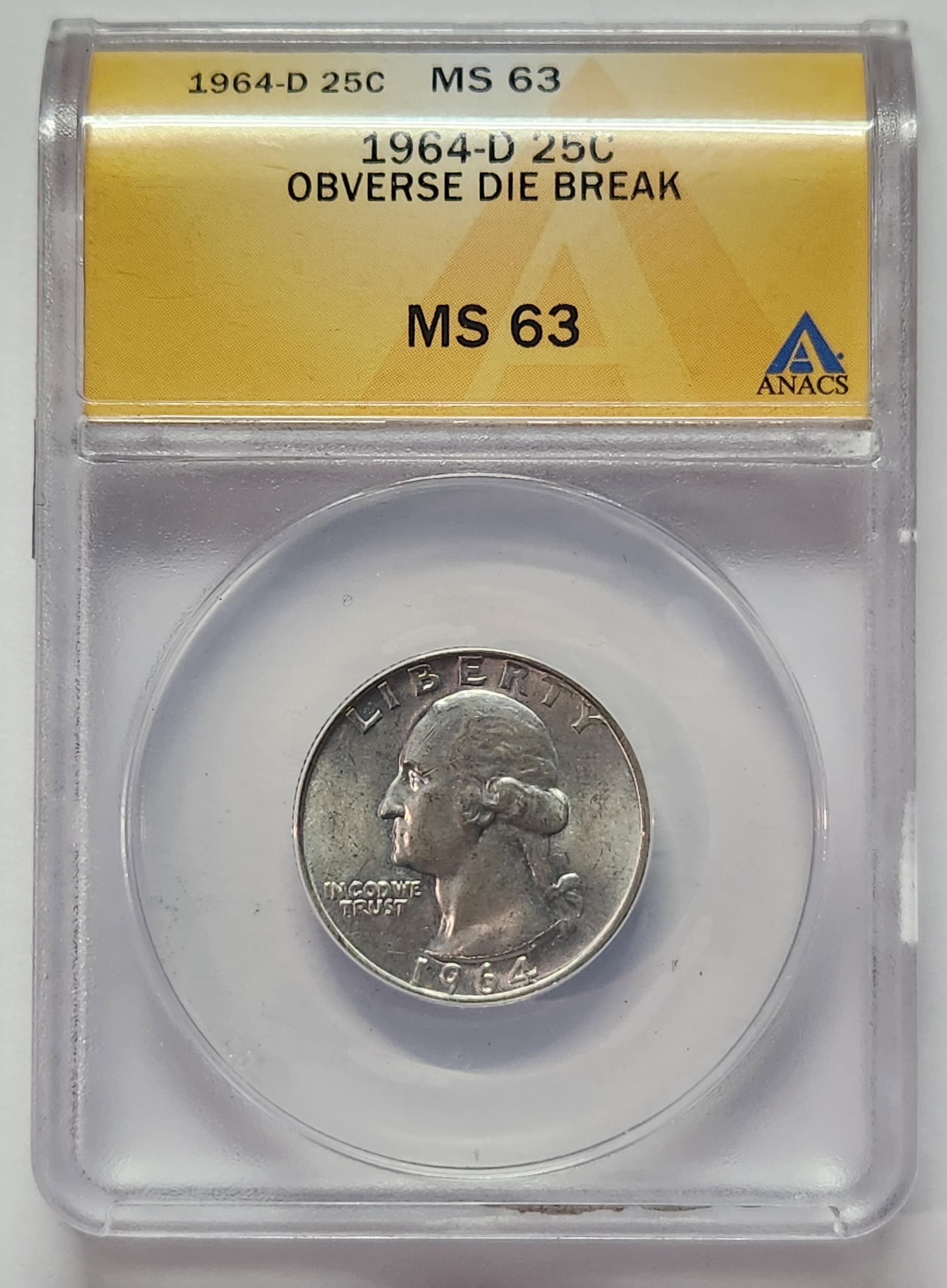 1964 D Washington Quarter MS63 Obverse Die Break ANACS - Etsy