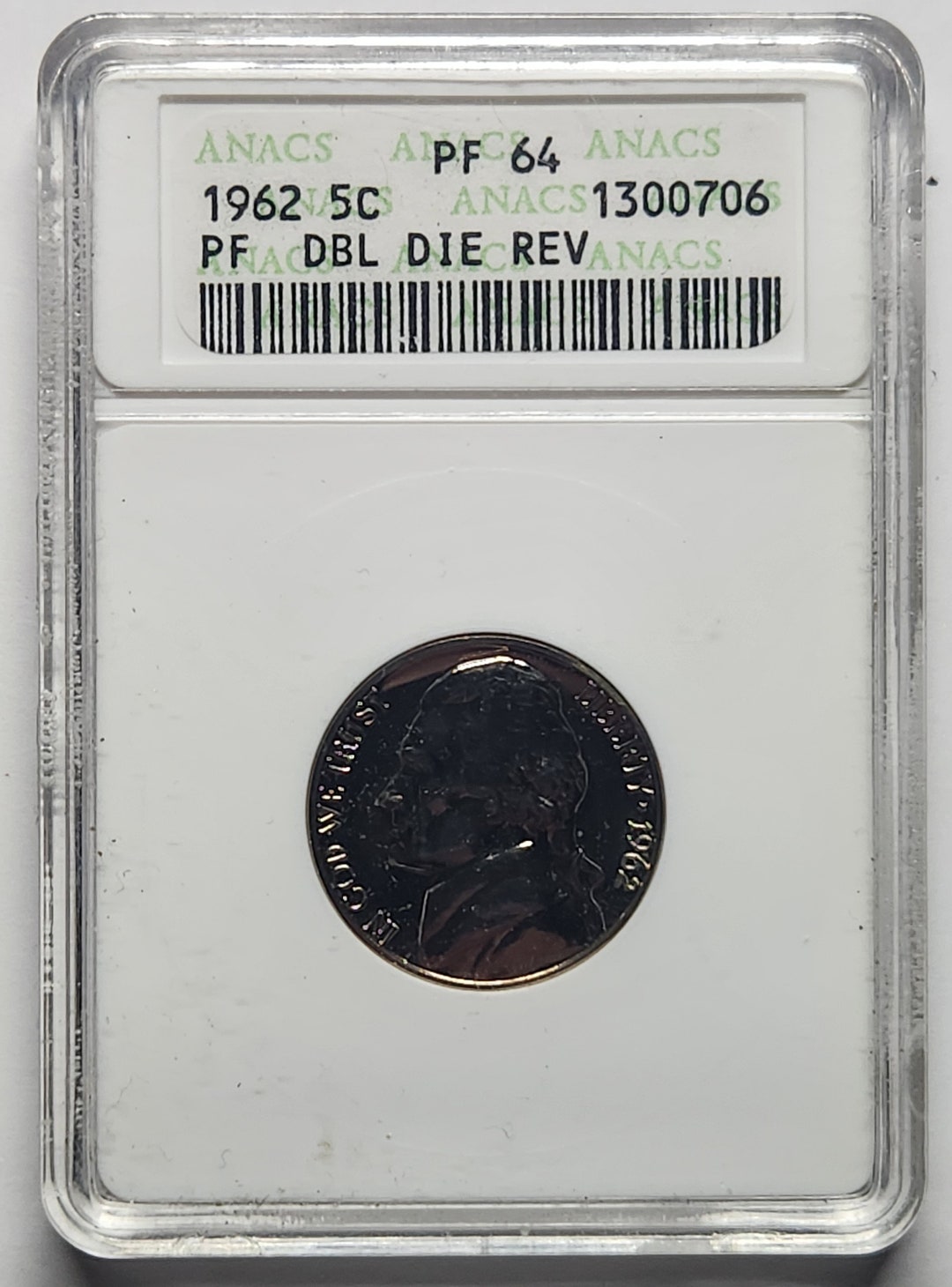 1962 Jefferson Nickel – PF64 ANACS – Double Die Reverse (DDR) – Proof ...