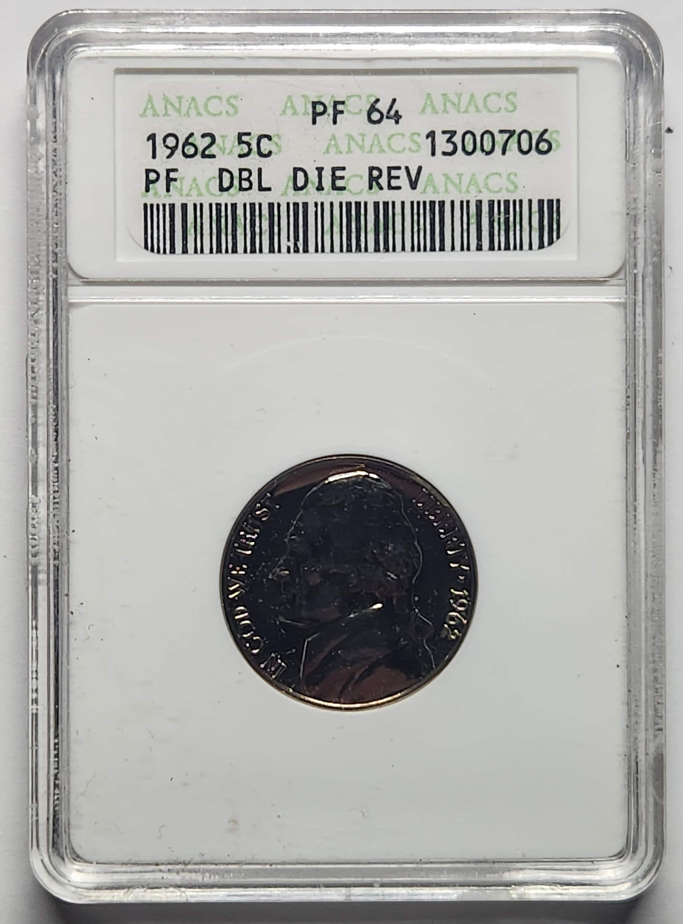 1962 Jefferson Nickel – PF64 ANACS – Double Die Reverse (DDR) – Proof ...
