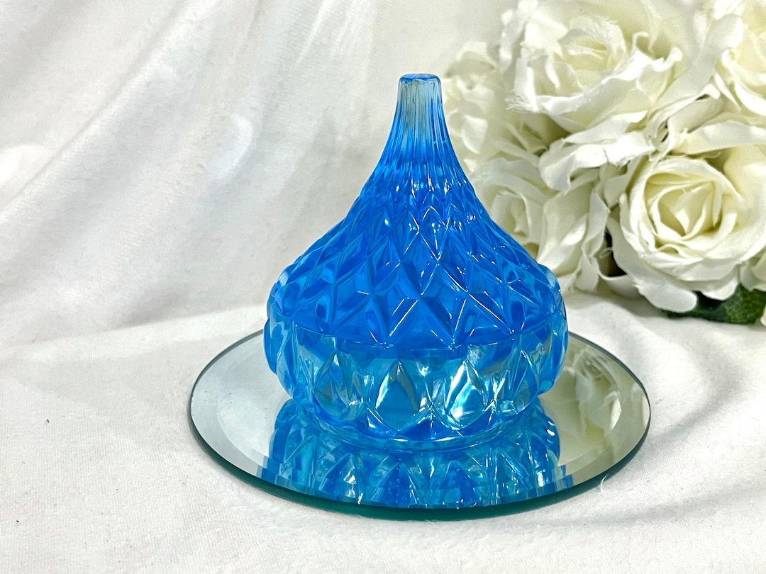 Blue Diamond Cut Glass Trinket Dish With Lid: Vintage Vanity Decor - Etsy
