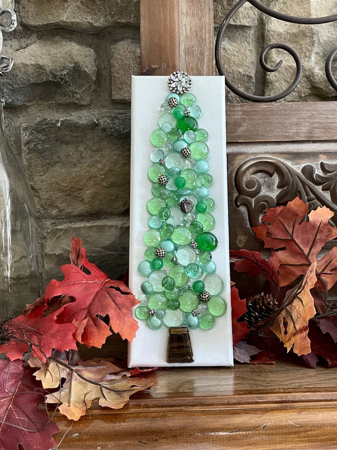 Unique Christmas Decor/ White Pearl Canvas With Glass Beads and Jewelry ...