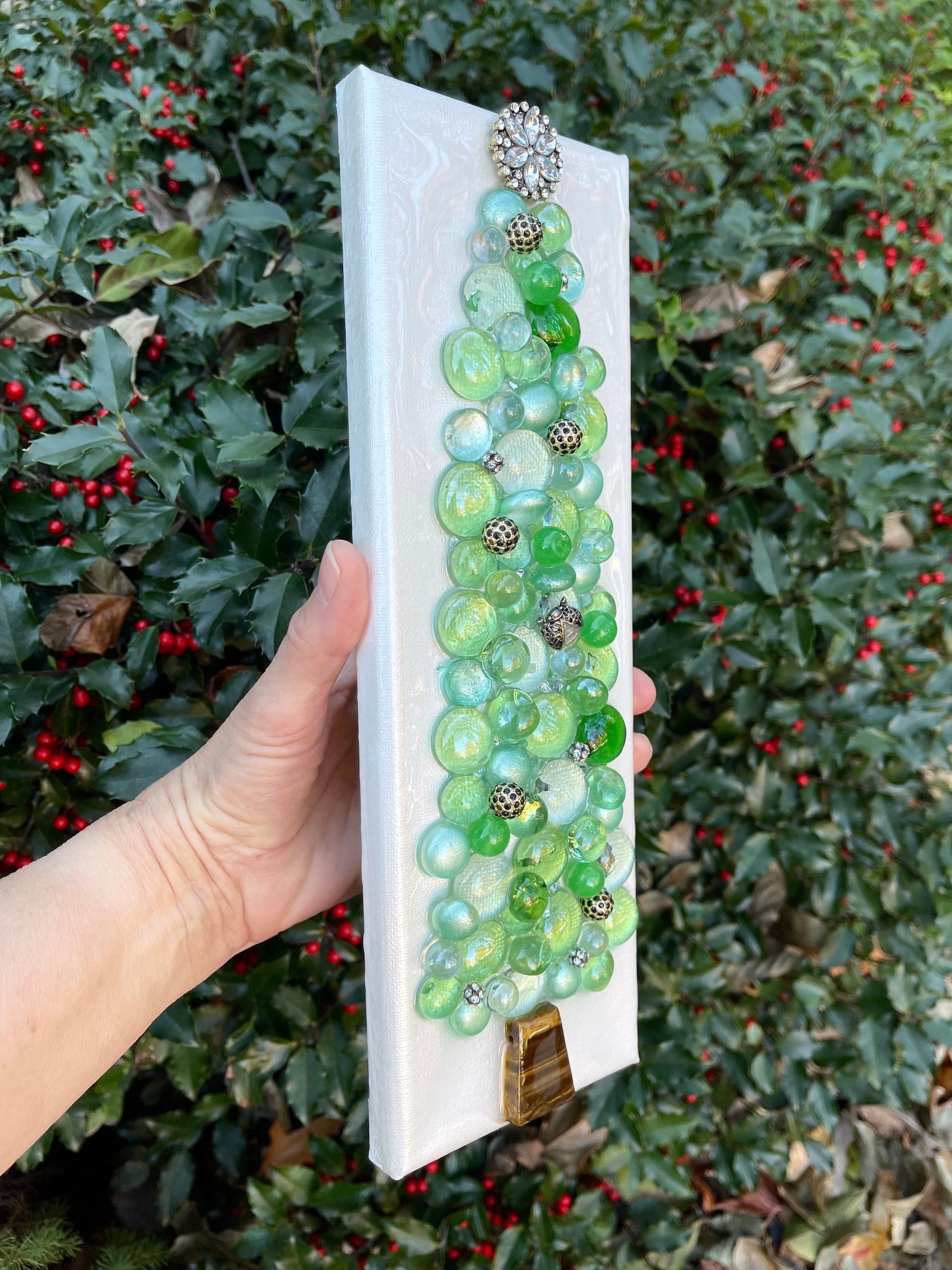 Unique Christmas Decor/ White Pearl Canvas With Glass Beads and Jewelry ...