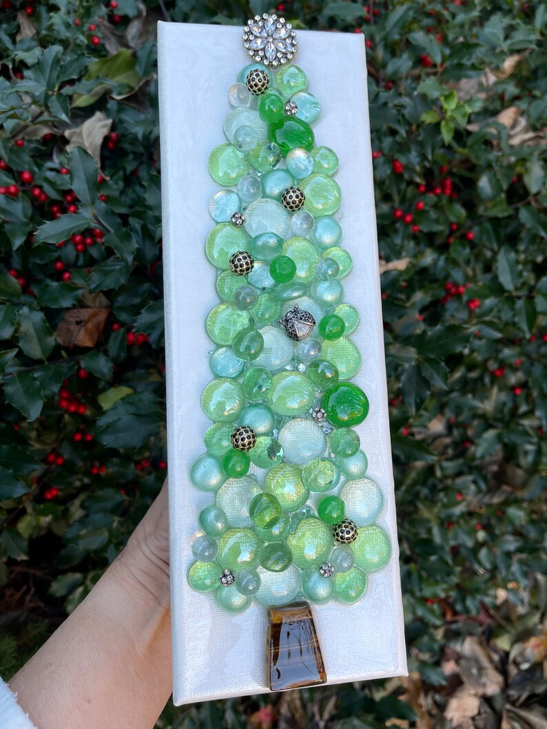 Unique Christmas Decor/ White Pearl Canvas With Glass Beads and Jewelry ...