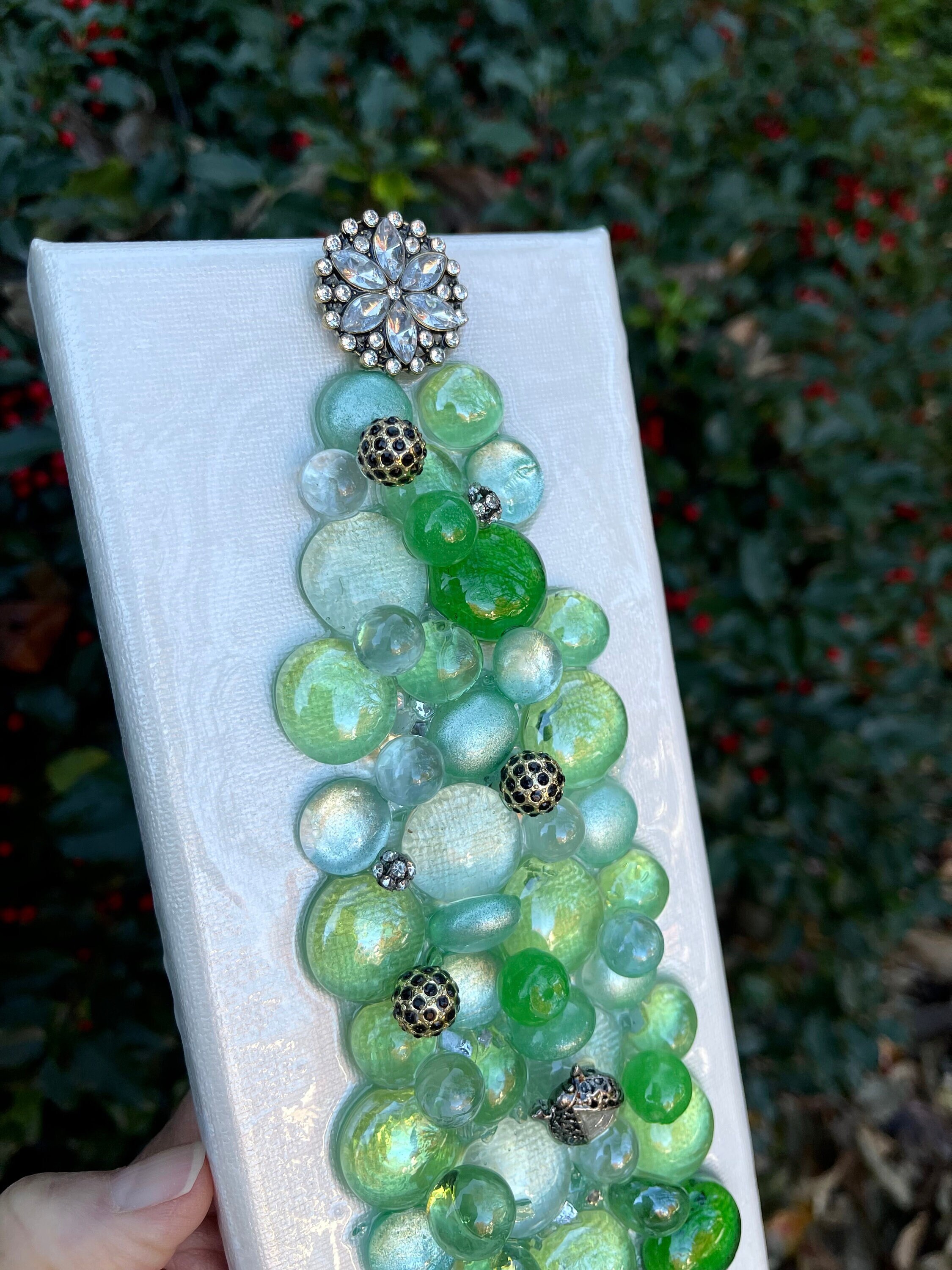 Unique Christmas Decor/ White Pearl Canvas With Glass Beads and Jewelry ...