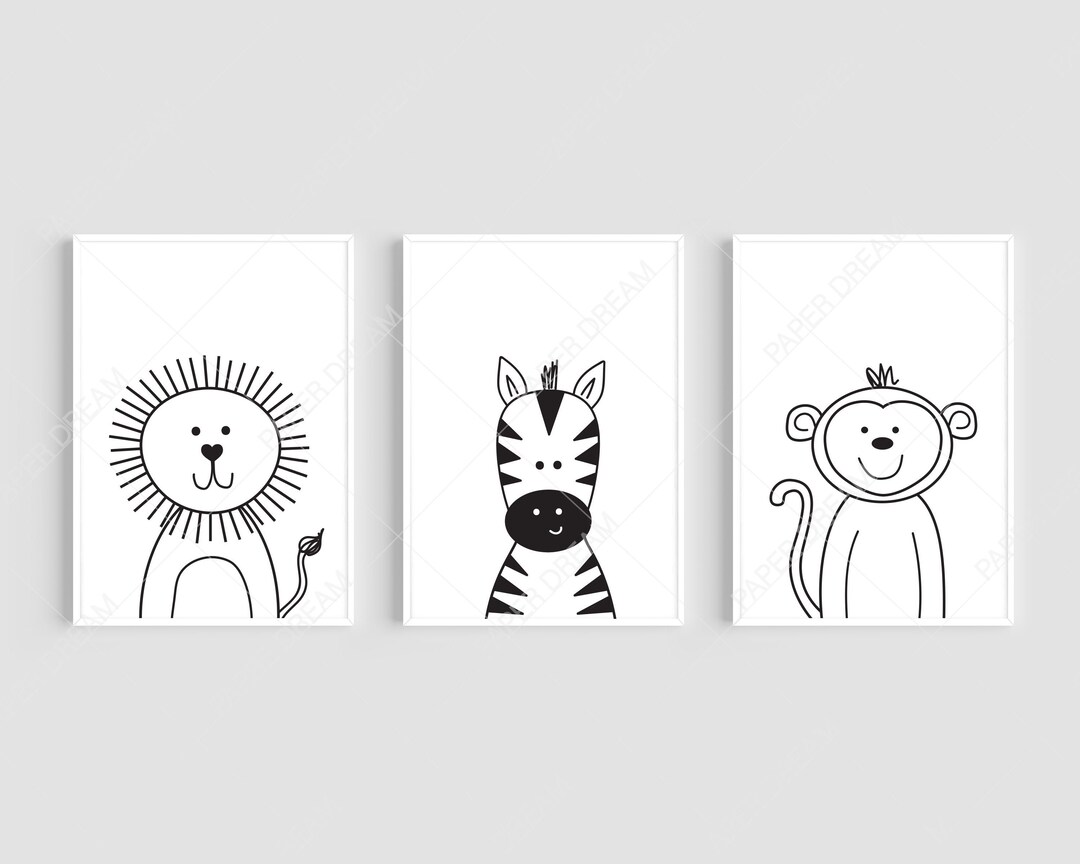 Safari Animals Nursery Prints, Black & White Animal Wall Art, Safari ...