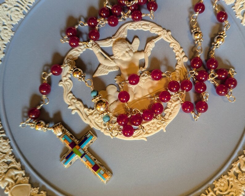 Red Ruby Rosary, Sterling Silver Cross, Gemstone Inlay Cross, Catholic ...