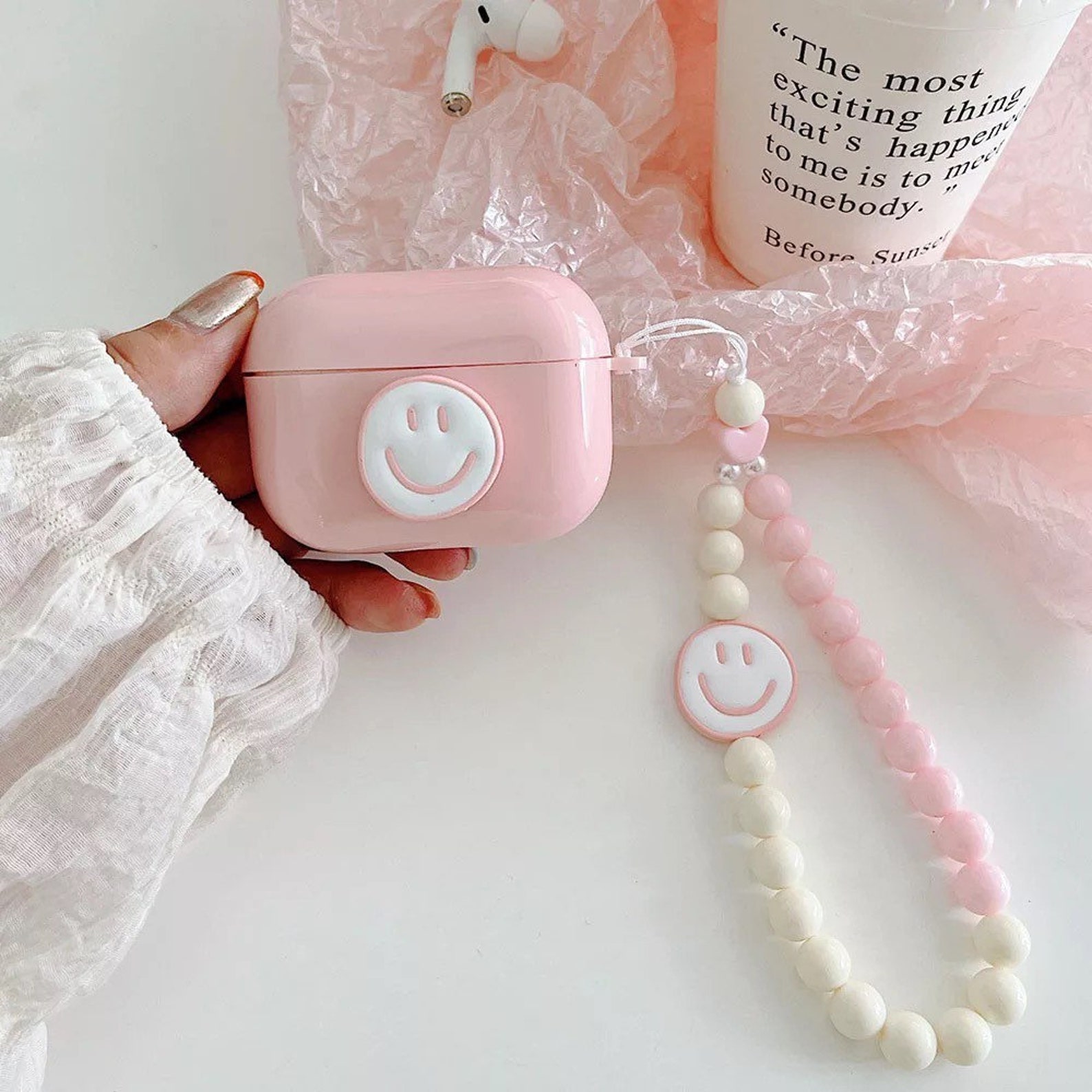 Cute Pink Smiley Face AirPod Case With Beaded Keychain - Etsy