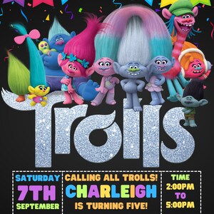 Editable Trolls Birthday Party Template | Digital Dark Trolls Kids ...