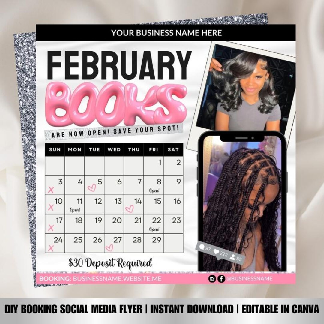 DIY Editable February Calendar Booking Flyer | February Pink Booking ...
