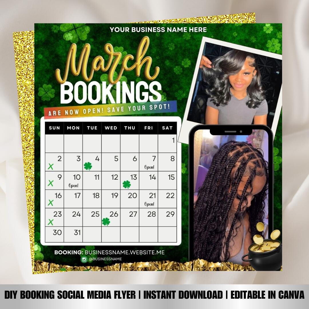 Editable March St. Patty's Day Calendar Booking Flyer | St. Patrick's ...