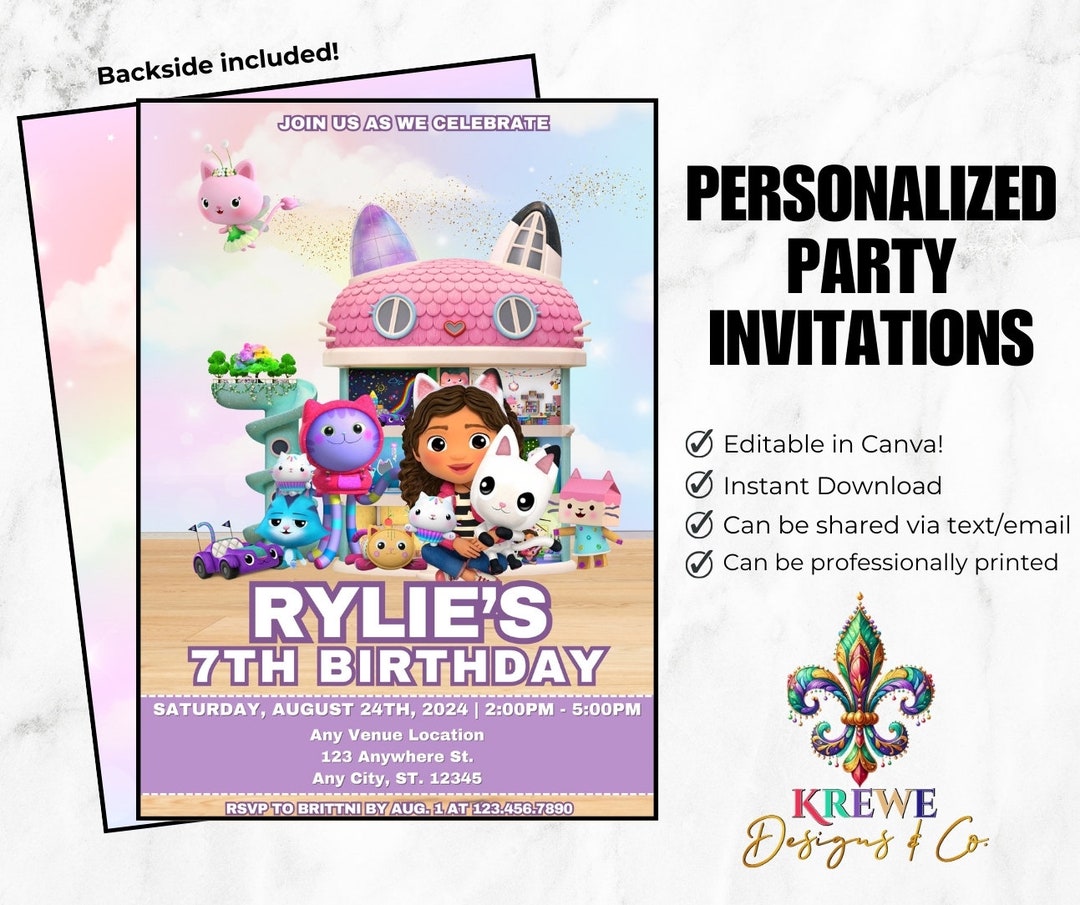 Editable Gabby's Dollhouse Birthday Invitation | Digital Playhouse ...