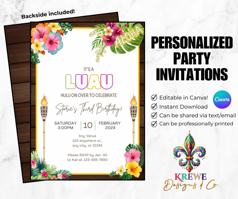 Editable Hawaiian Birthday Template Luau Printable Birthday Party ...