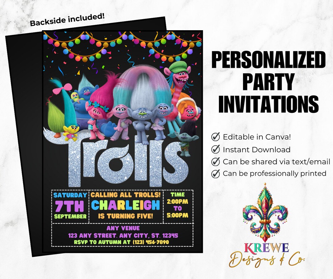 Editable Trolls Birthday Party Template | Digital Dark Trolls Kids ...
