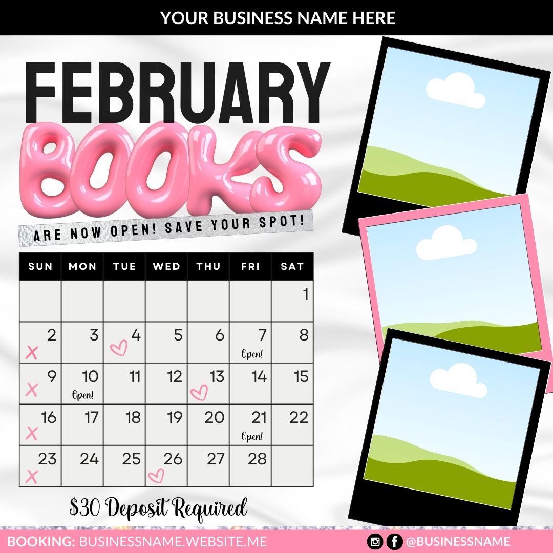 DIY Editable February Calendar Booking Flyer | February Pink Booking ...