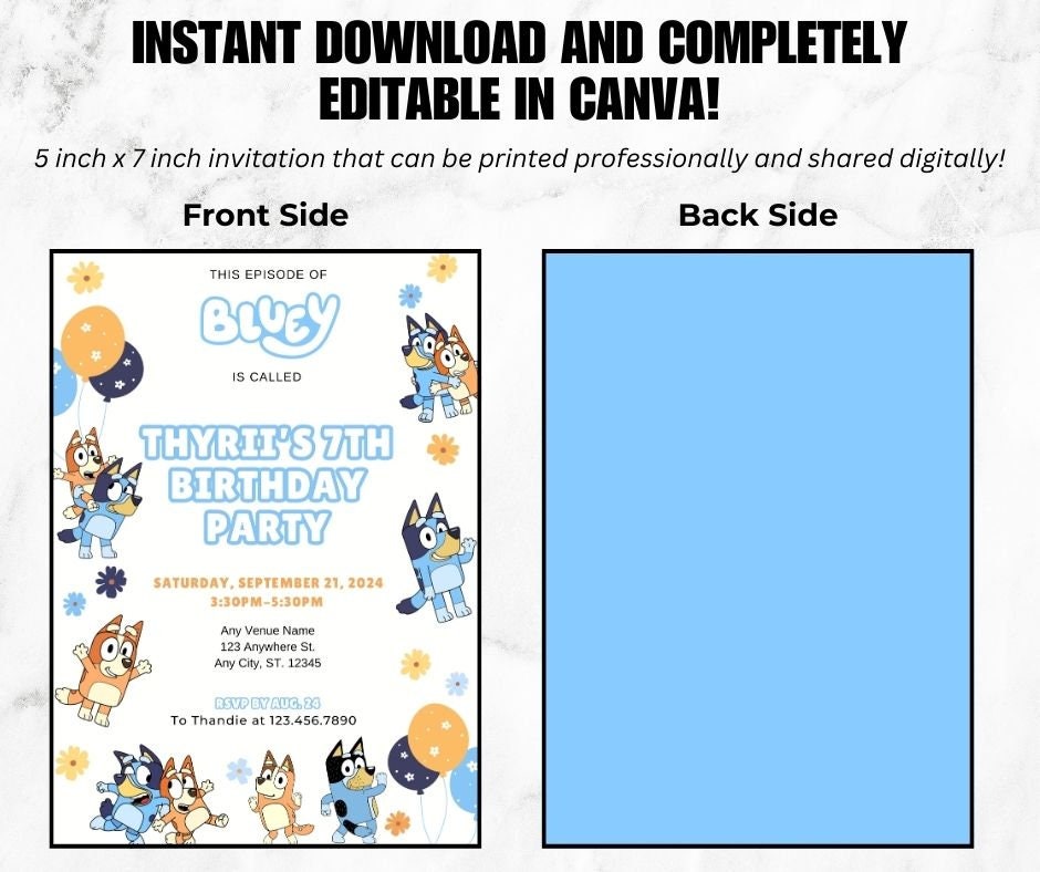 Editable Bluey Themed Birthday Party Template | Printable Blue Dog Girl ...