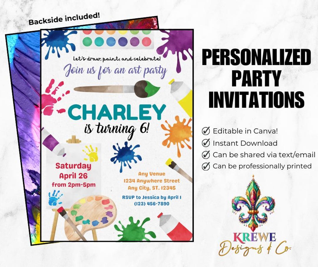 Editable Paint Art Birthday Party Template | Digital Girl Boy Art ...
