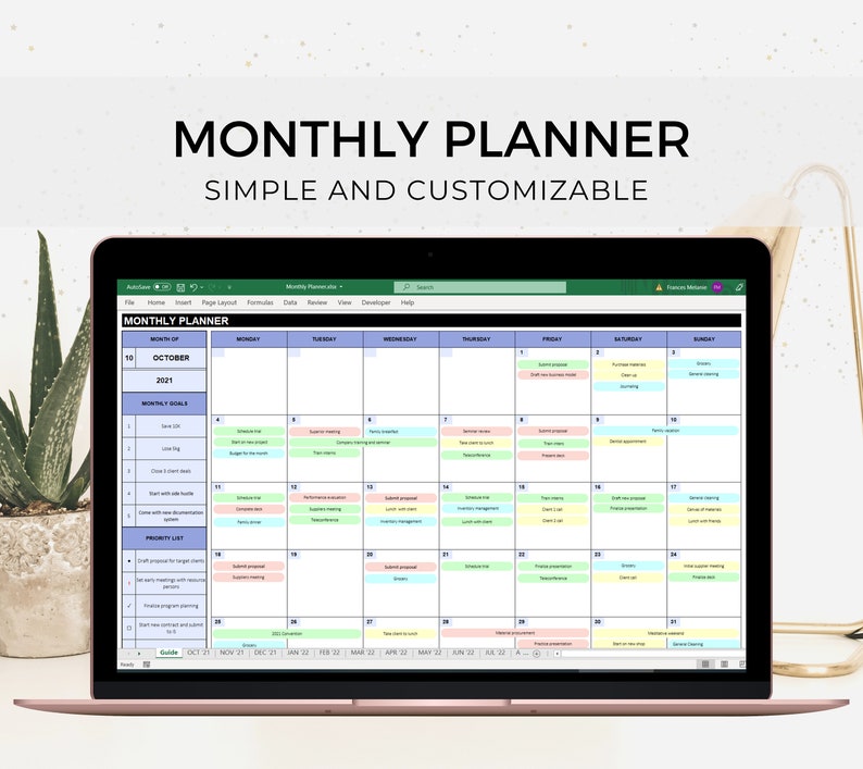 Monthly Planner Template, Excel Template, Monthly Calendar Planner ...