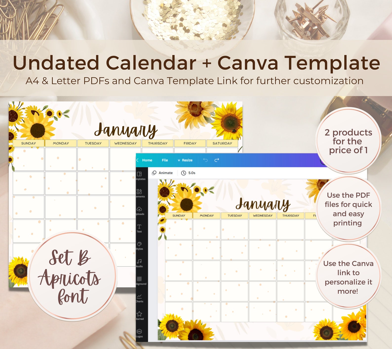 Floral Calendar 2023, Printable Calendar 2023, Editable Calendar ...